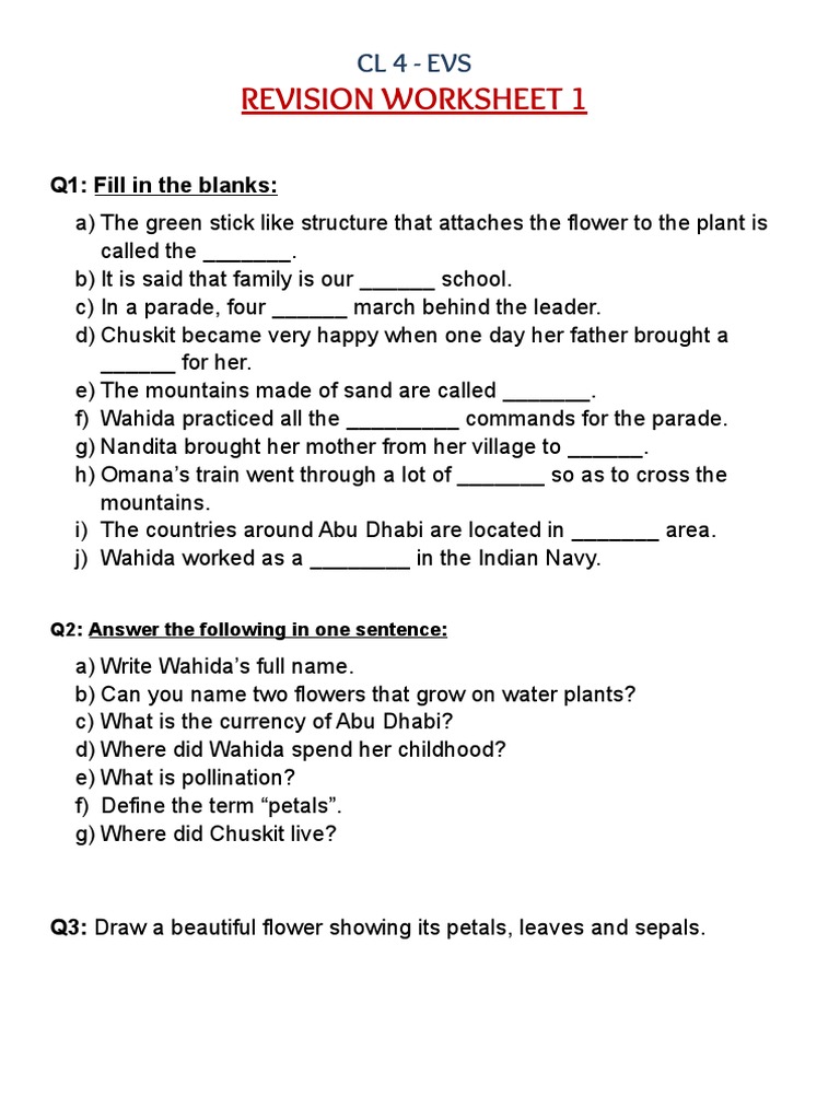 EVS Revision Worksheet for Class 4 | PDF