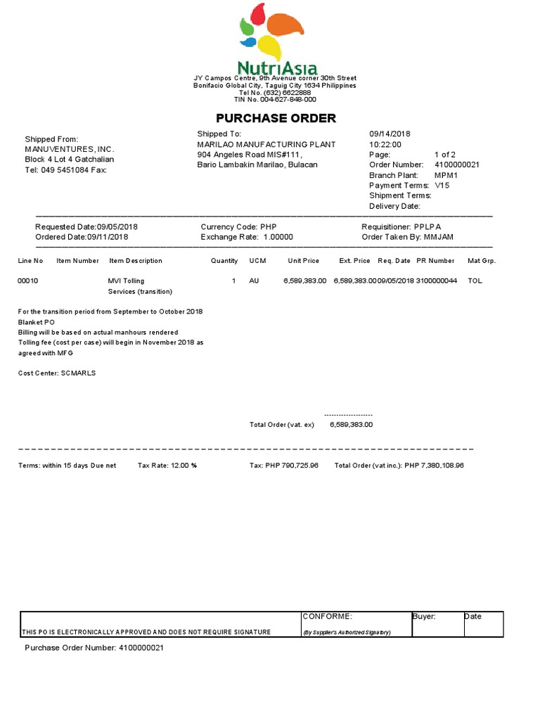 Purchase Order: This Po Is Electronically Approved and Does Not Require ...