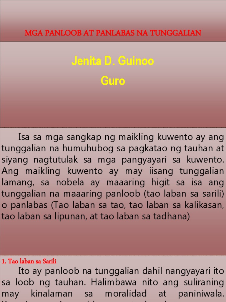 Mga Panloob at Panlabas Na Tunggalian: Jenita D. Guinoo Guro | PDF
