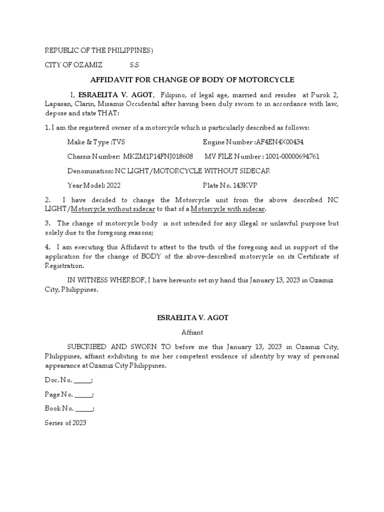 Affidavit of Change Body of Motor Vehicle | PDF