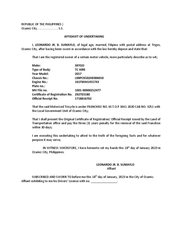 Affidavit of Undertaking Motor Vehicle | PDF