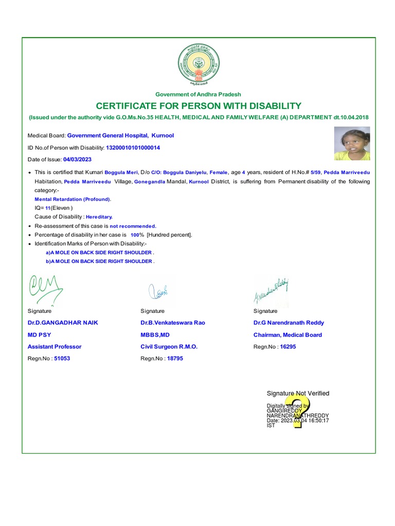 Certificate For Person With Disability: Government of Andhra Pradesh | PDF