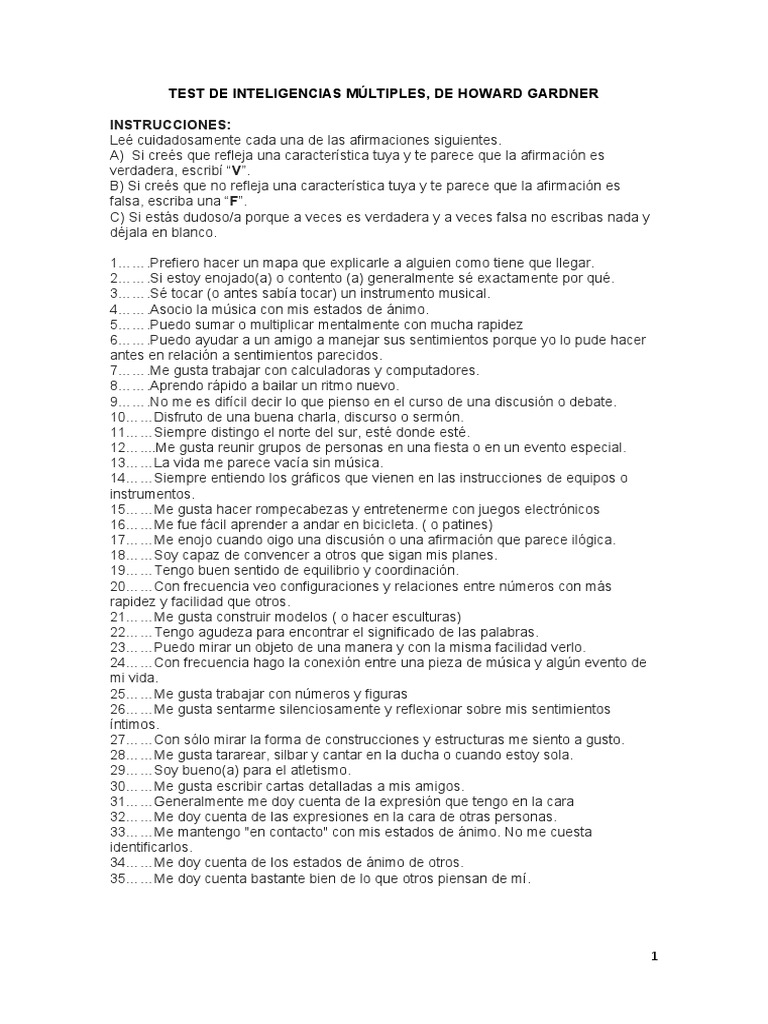 Instrucciones:: Test de Inteligencias Múltiples, de Howard Gardner ...