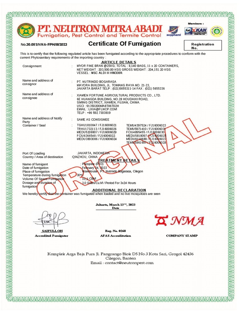 Certificate of Fumigation: No.30.081/NMA-FPH/III/2023 | PDF