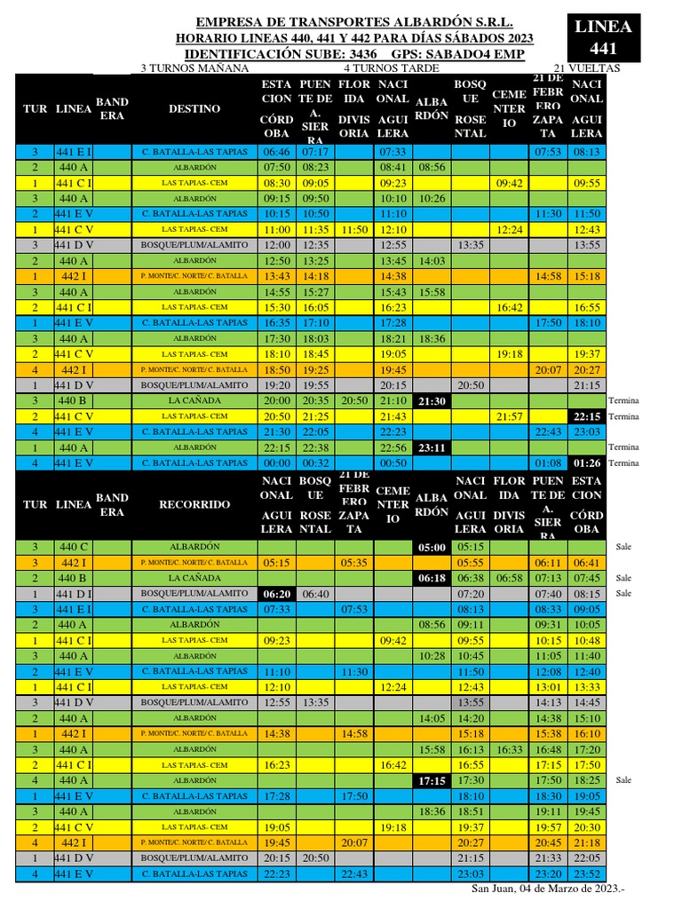 Linea 441: Horario Lineas 440, 441 Y 442 para Días Sábados 2023 | PDF