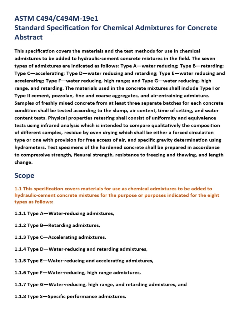 ASTM C494/C494M-19e1 Standard Specification For Chemical Admixtures For ...