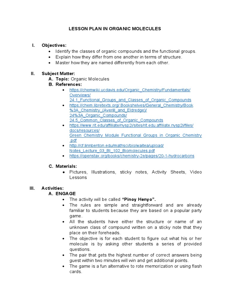 Lesson Plan in Organic Molecules | PDF | Functional Group | Organic ...