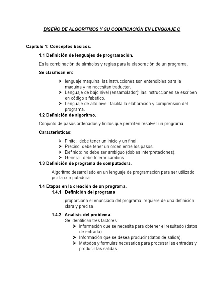 Diseño de Algoritmos y Su Codificación en Lenguaje C - Resumen - Cap1y2 ...