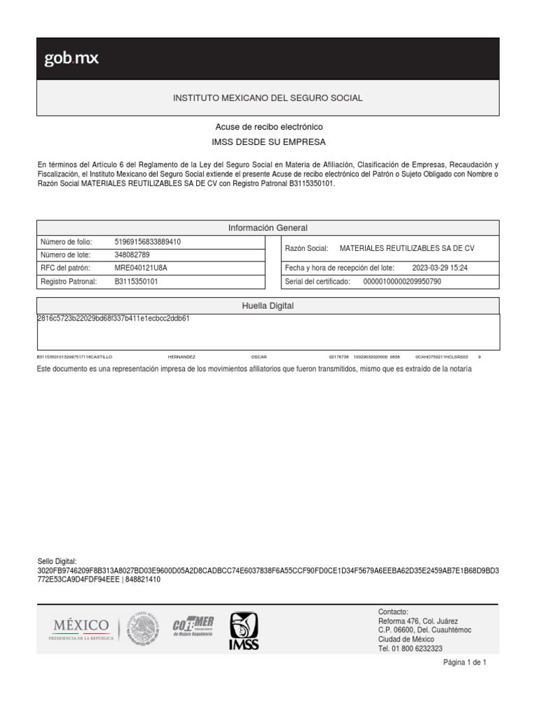 Acuse de Recibo Electrónico IMSS | PDF