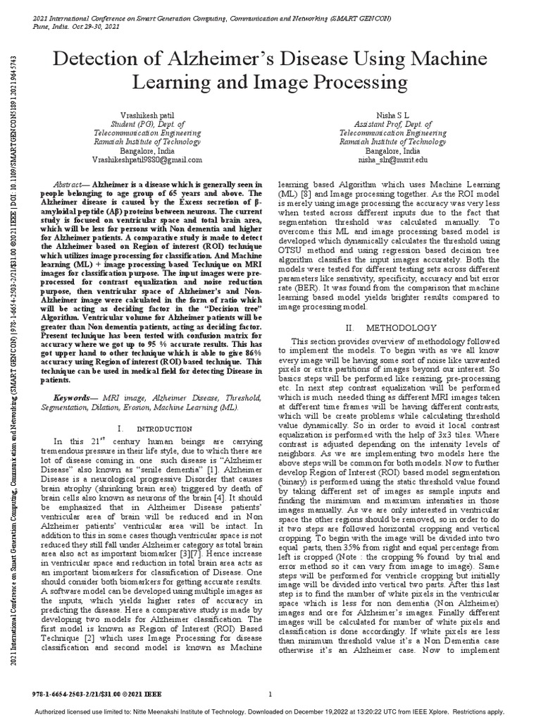Detection Of Alzheimers Disease Using Machine Learning And Image Processing Pdf Image