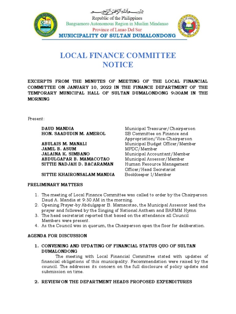 Local Finance Committee Minutes | PDF | Governance | Government