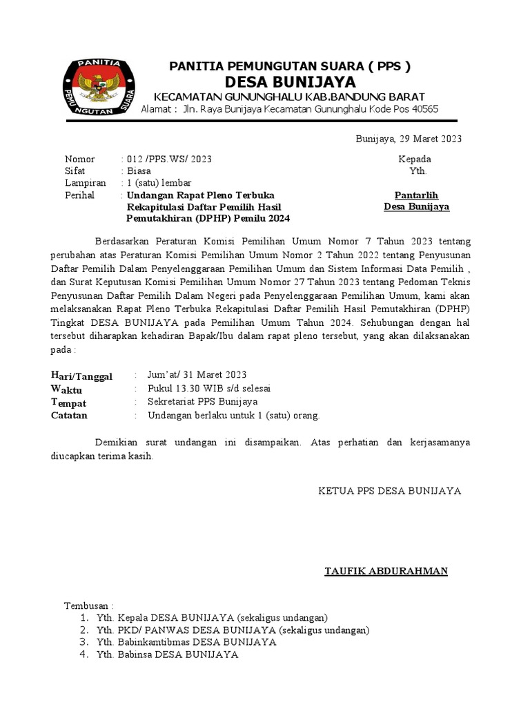 Undangan Rapat Pleno DPHP Pemilu 2024 | PDF