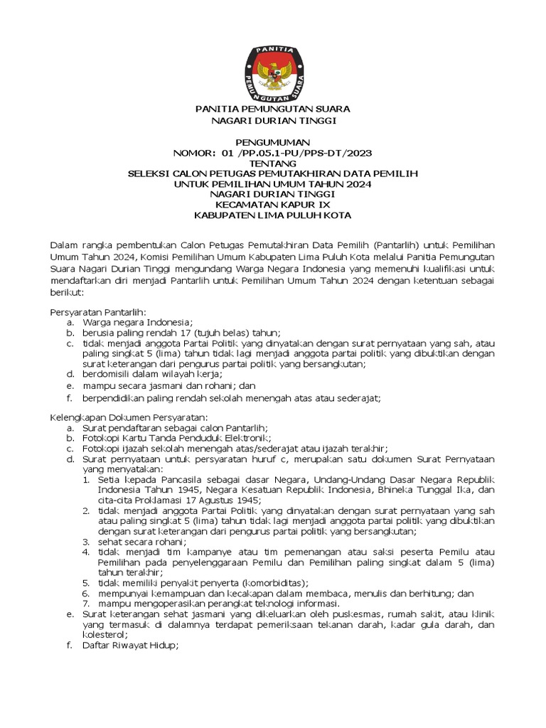 Pengumuman Pantarlih Pemilu 2024 | PDF Pengumuman Pantarlih Pemilu 2024 | PDF