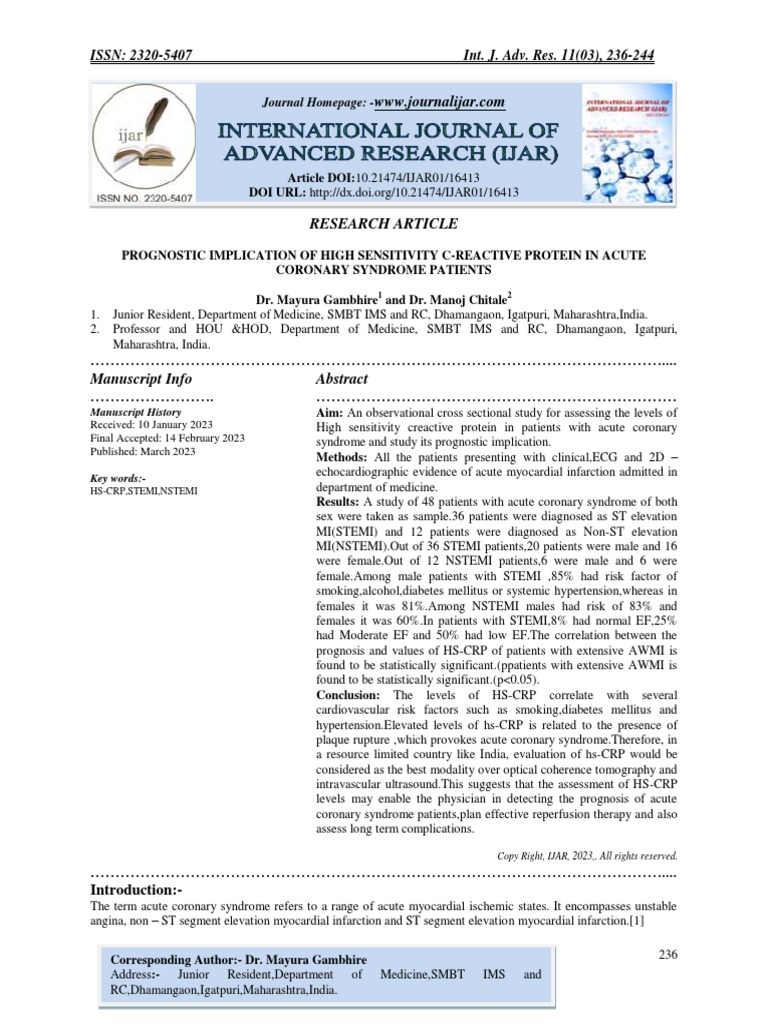 Prognostic Implication of High Sensitivity C-Reactive Protein in Acute Coronary Syndrome ...