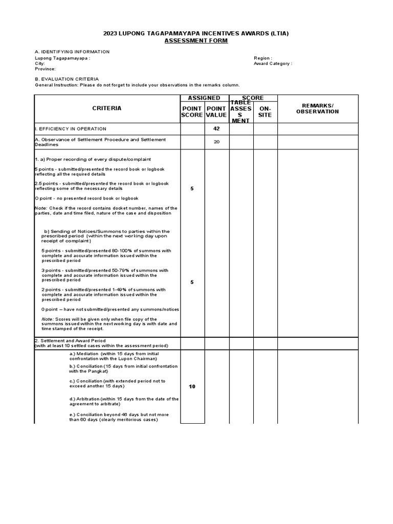 2023 Lupong Tagapamayapa Incentives Awards (Ltia) Assessment Form ...