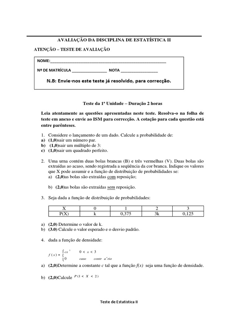 Teste de Estatística II: Avaliação e Probabilidades | PDF