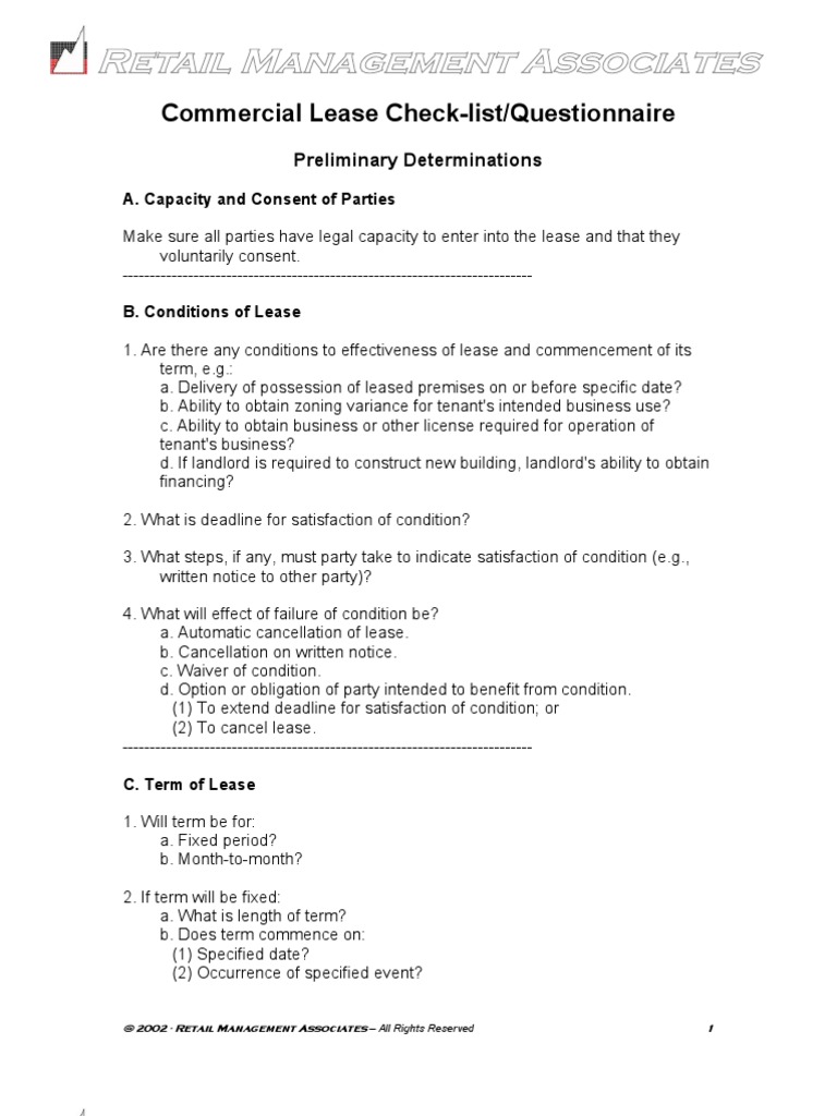 Commercial Lease Check-list/Questionnaire: Preliminary Determinations ...