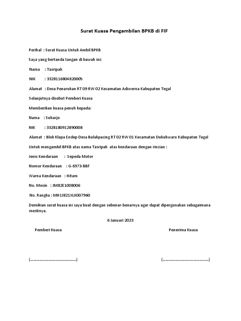 Surat Kuasa Pengambilan BPKB Di FIF | PDF