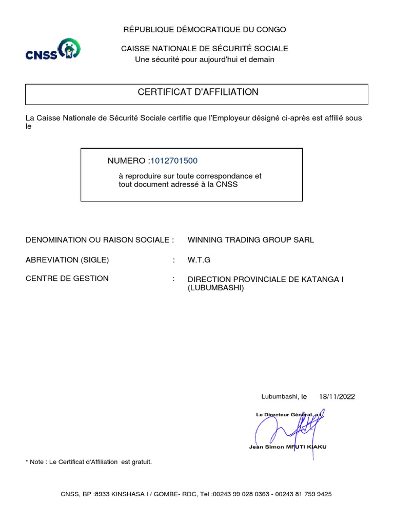 Certificat d'Affiliation CNSS RDC | PDF