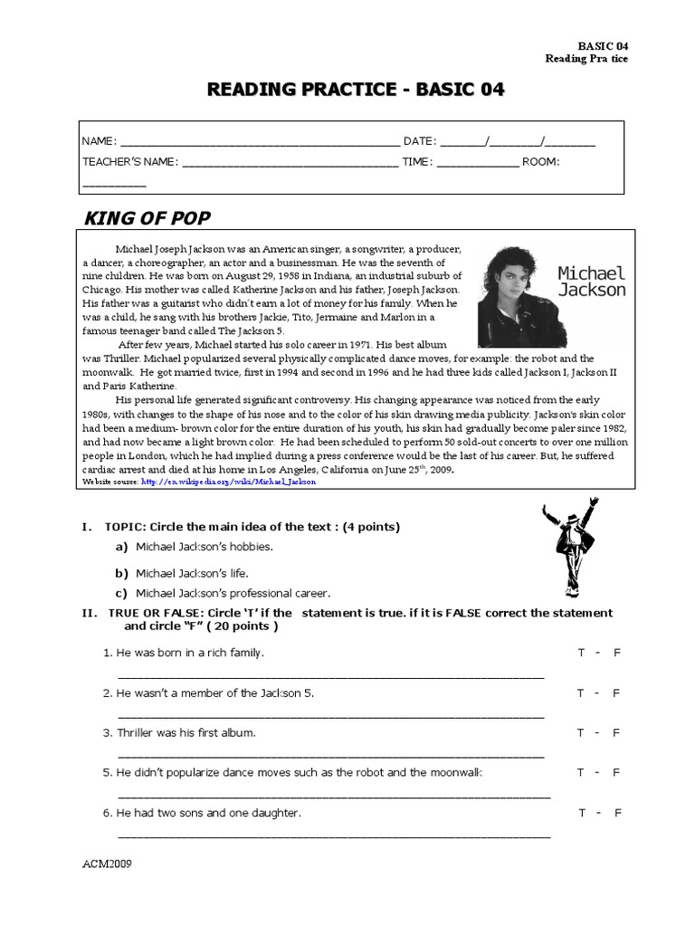 Michael Jackson Reading | PDF