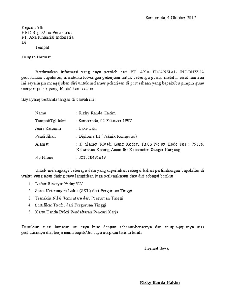 Surat Lamaran Pekerjaan Rizky Randa Hakim | PDF | Karier & Perkembangan
