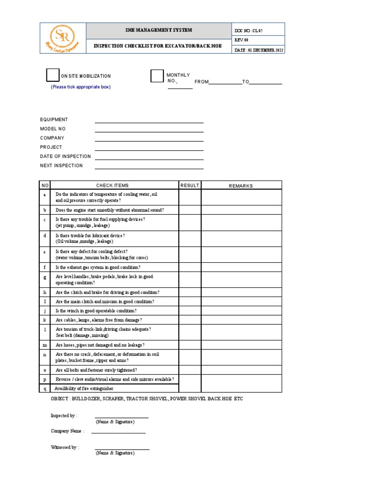 Inspection Checklist Excavator | PDF