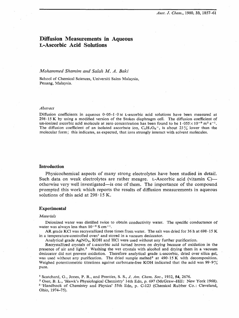 Diffusion Measurements in Aqueous L-Ascorbic Acid Solutions | PDF | Acid | Diffusion