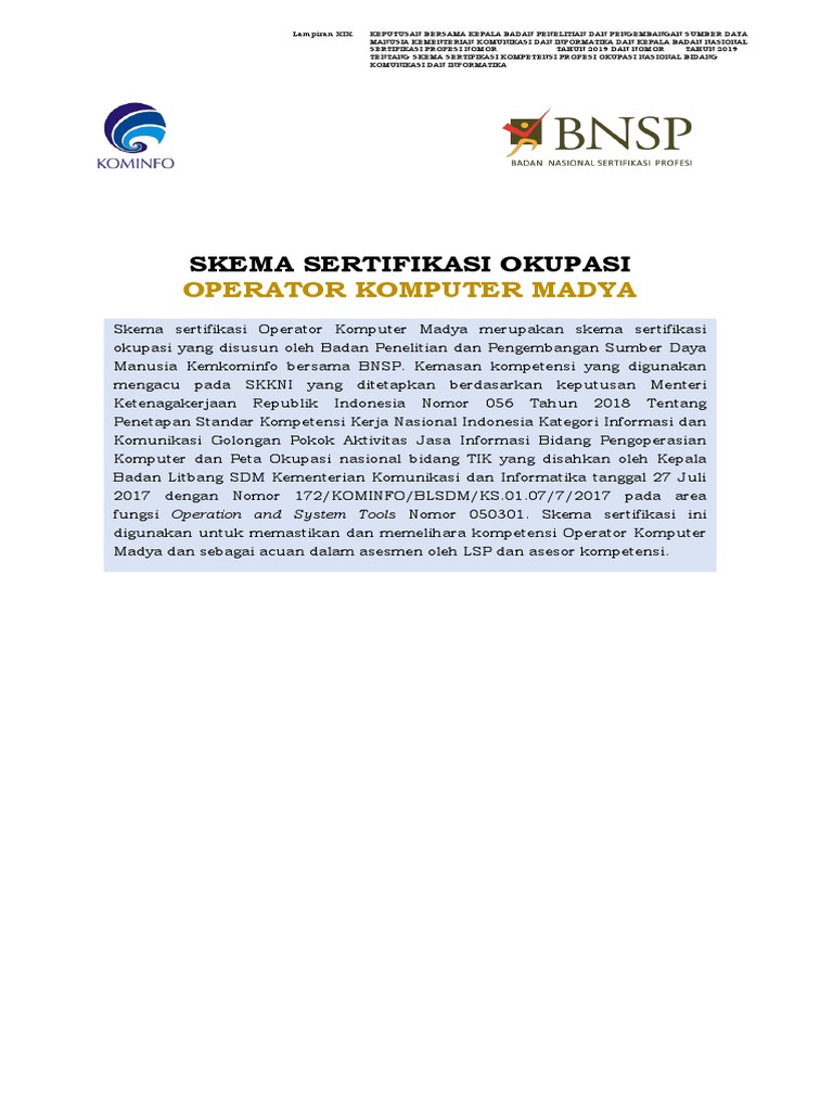 Skema Sertifikasi Okupasi: Operator Komputer Madya | PDF