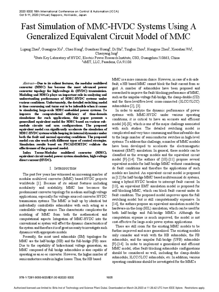Fast Simulation Of Mmc Hvdc Systems Using A Generalized Equivalent Circuit Model Of Mmc Pdf