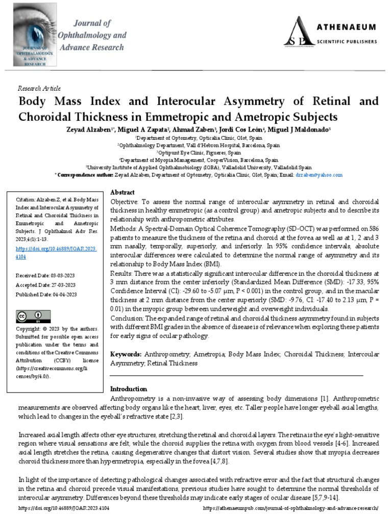 Body Mass Index and Interocular Asymmetry of Retinal and Choroidal ...
