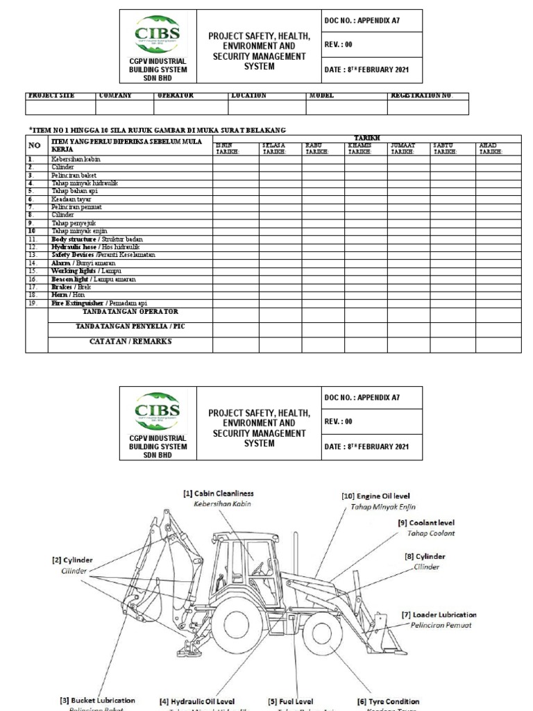 CL65 - Daily 7 Days Back Hoe Inspection Checklist | PDF