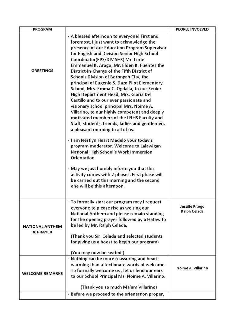 SCRIPT FOR Work Immersion Orientation 1 | PDF