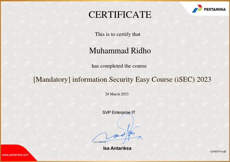 Certificate of Completion for "Mandatory Information Security Easy Course (iSEC) 2023 | PDF