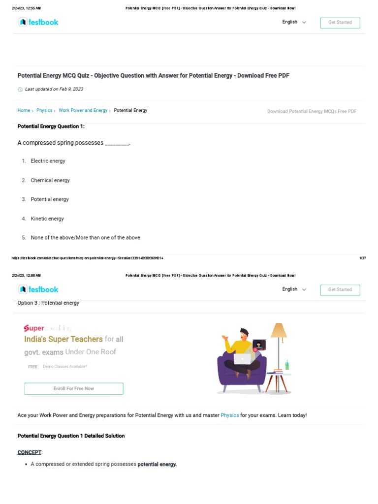 Potential Energy MCQ [Free PDF] - Objective Question Answer for ...
