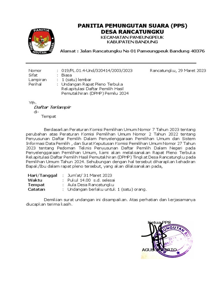 Undangan Rapat Pleno DPHP Pemilu 2024 | PDF