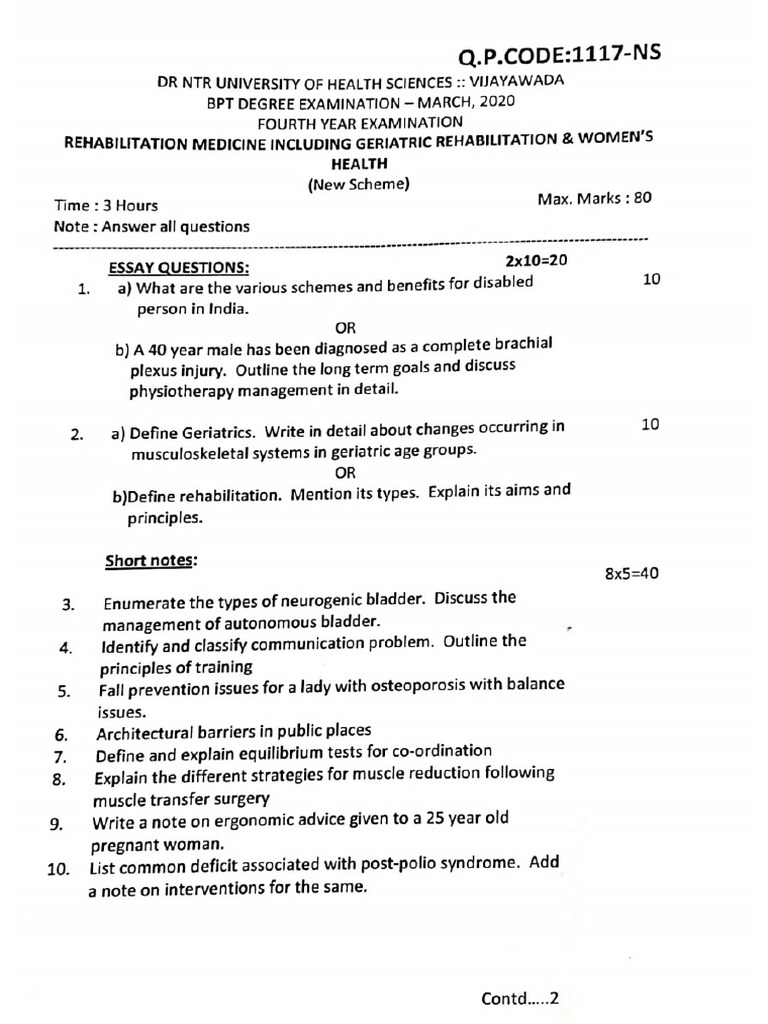 BPT 4Th Yr NTR UNIV Rehab Question Papers | PDF