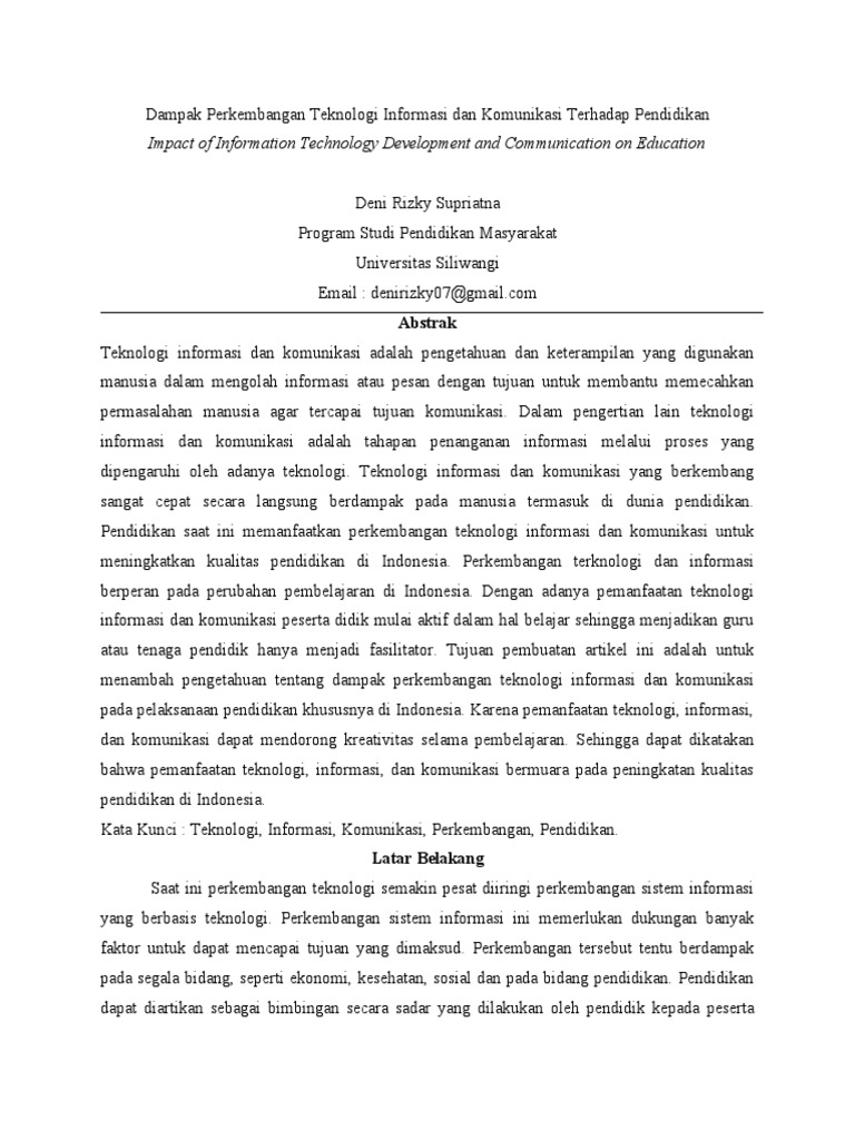 Dampak Perkembangan Teknologi Informasi Dan Komunikasi Terhadap Pendidikan | PDF