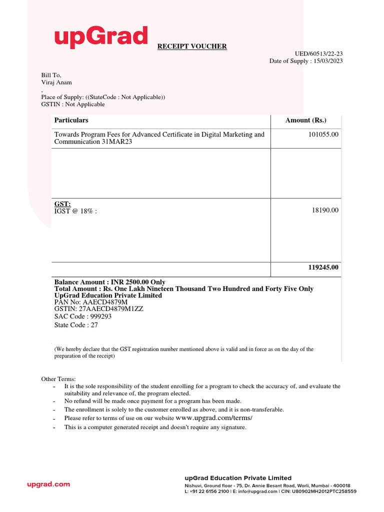 Receipt Voucher: Towards Program Fees For Advanced Certificate in Digital Marketing and ...