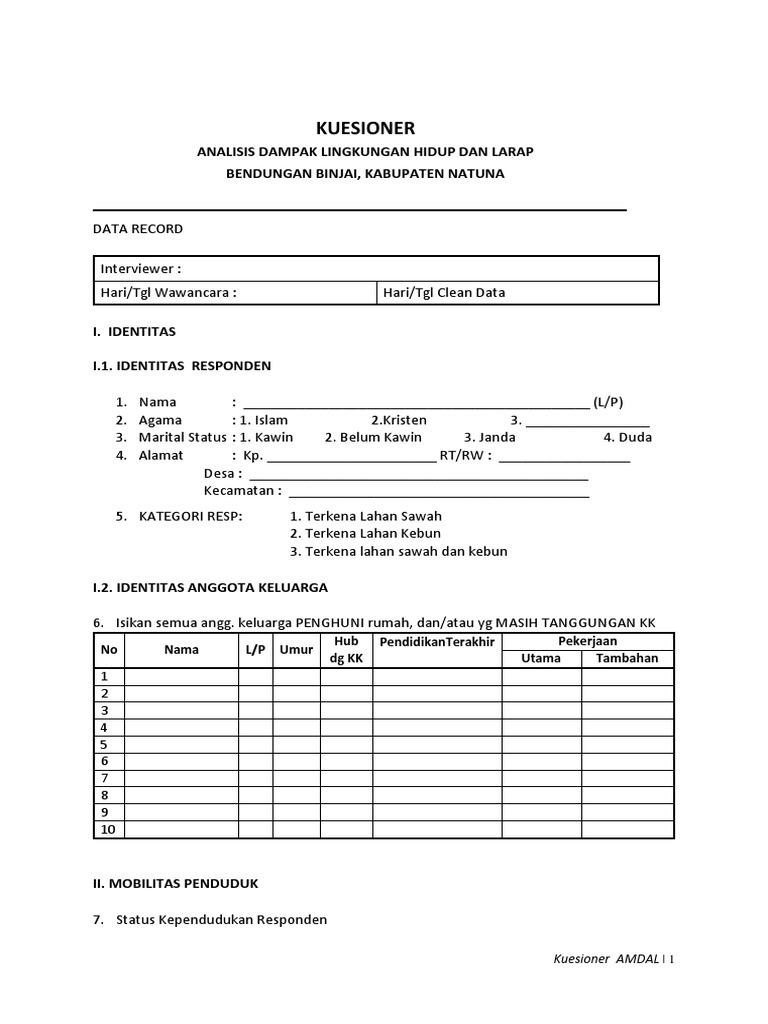 Kuisioner AMDAL & LARAP Bendungan Binjai | PDF