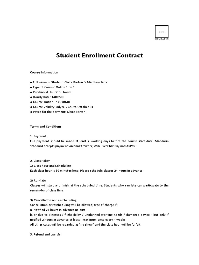 Student Enrollment Contract - Mandarin Standard | PDF | Payments ...