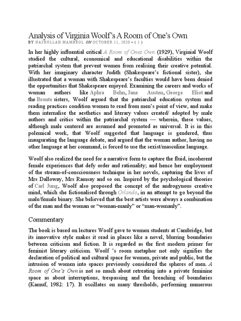 Analysis of Virginia Woolf's A Room of One's Own | PDF | A Room Of One ...
