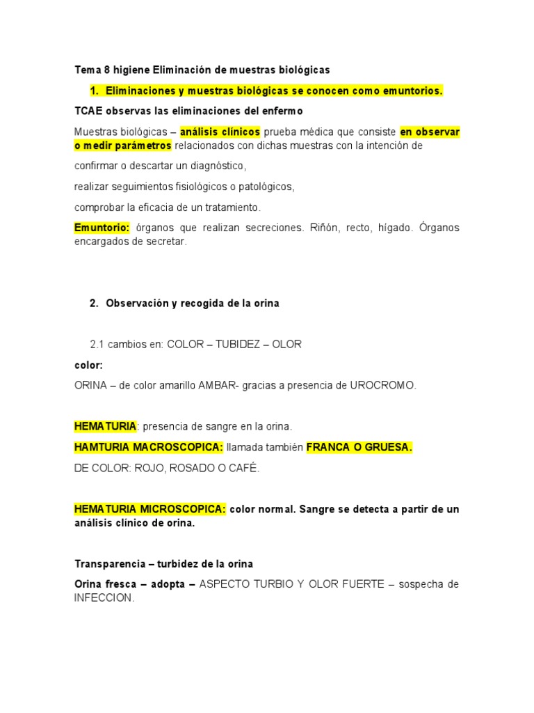 Tema 8 Higiene Eliminación de Muestras Biológicas | PDF | Orina | Heces