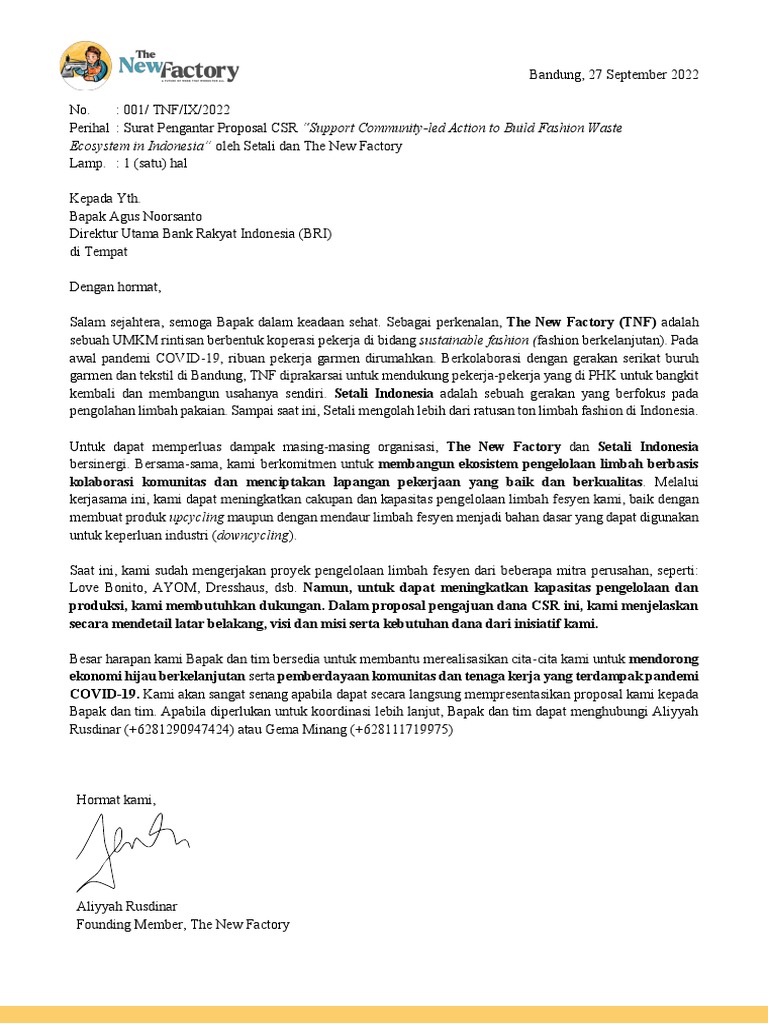 Surat Pengantar Proposal CSR - Pengelolaan Limbah Fesyen Berbasis ...
