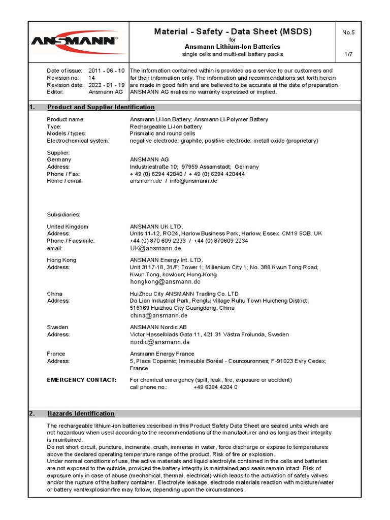 MSDS Ansmann Li-Ion EN 19012022 | PDF | Rechargeable Battery | Lithium Ion Battery