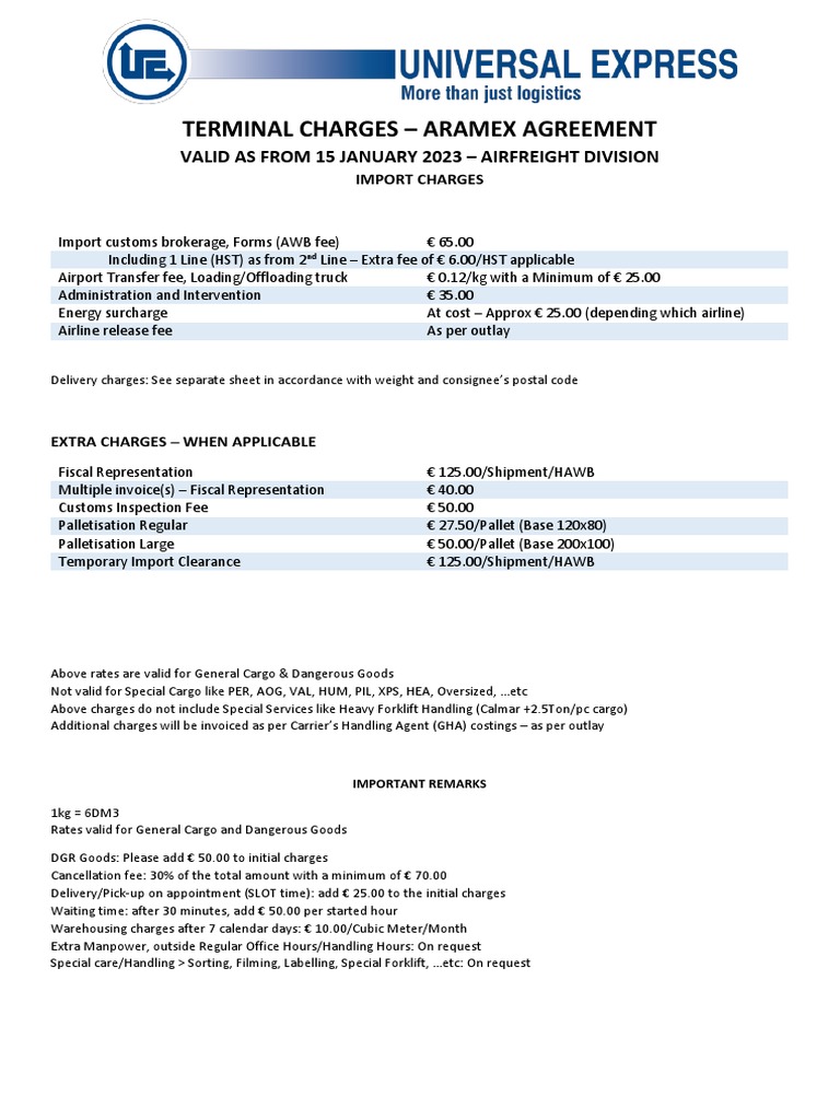 Universal Express Charges 2023 - ARAMEX AGREEMENT | PDF | Cargo | Fee