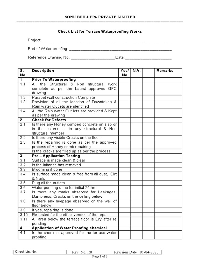 Terrace Waterproofing Checklist | PDF | Concrete | Secondary Sector Of ...