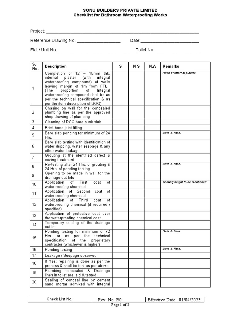Checklist For Bathroom Waterproofing | PDF | Plumbing | Building Materials
