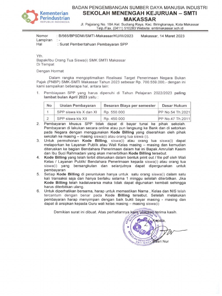 Surat Pemberitahuan Pembayaran SPP | PDF