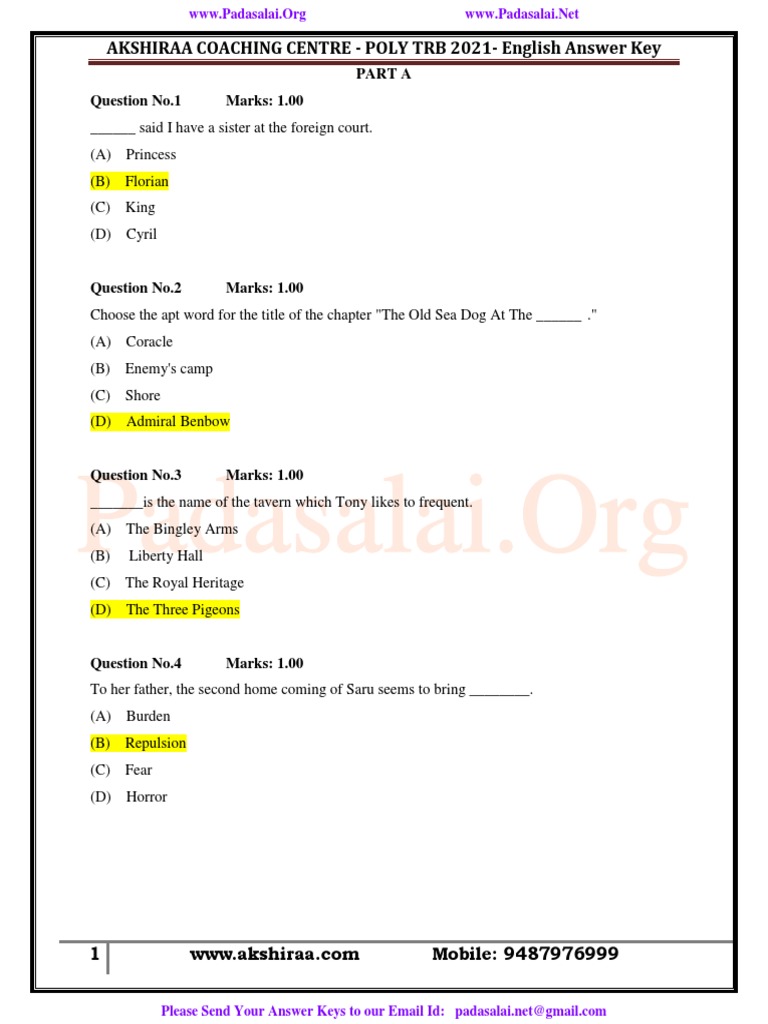 Polytechnic TRB Exam 2021 - English Answer Keys - English Medium PDF Download | PDF | A ...