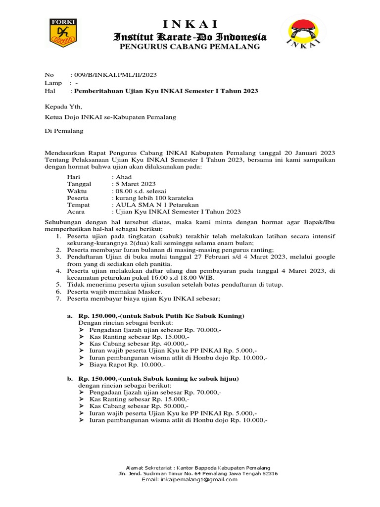 PEMBERITAHUAN UJIAN KYU INKAI CABANG PEMALANG SEMESTER 1 TH 2023 | PDF